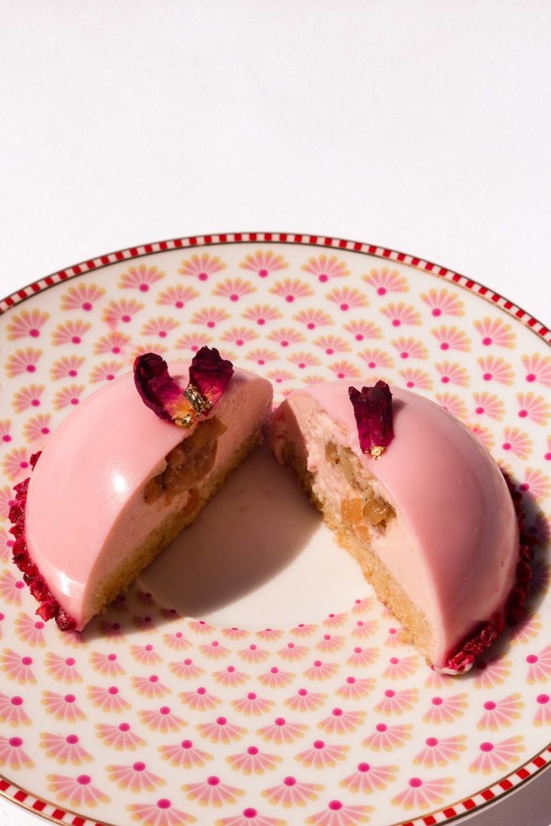 Rose & Raspberry Mousse Cake with Caramelised Pear | Jus de Rose